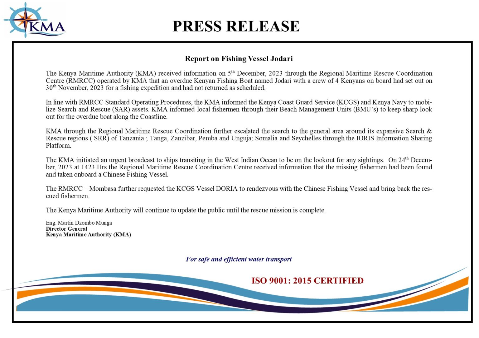 REPORT ON FISHING VESSEL JODARI - Kenya Maritime Authority (KMA)
