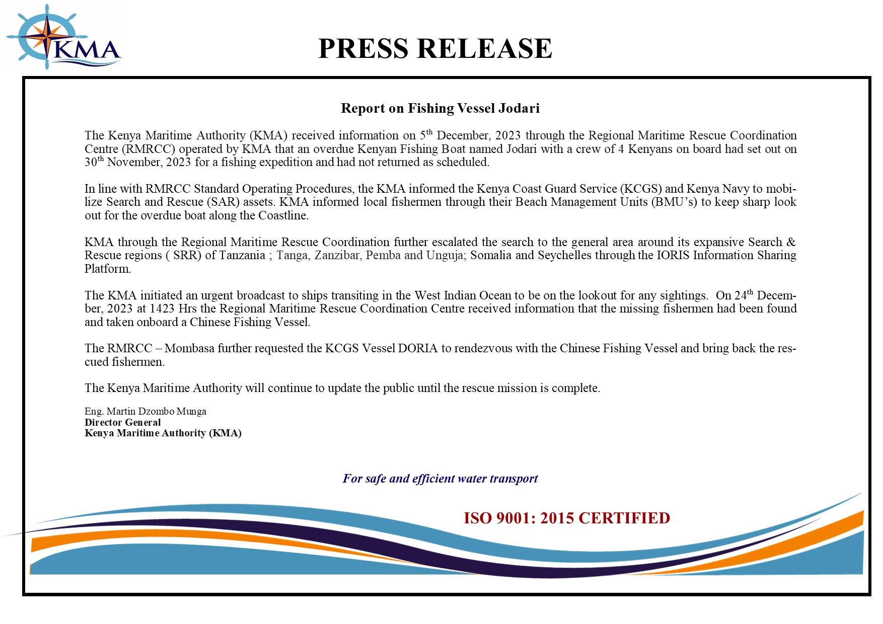 REPORT ON FISHING VESSEL JODARI - Kenya Maritime Authority (KMA)