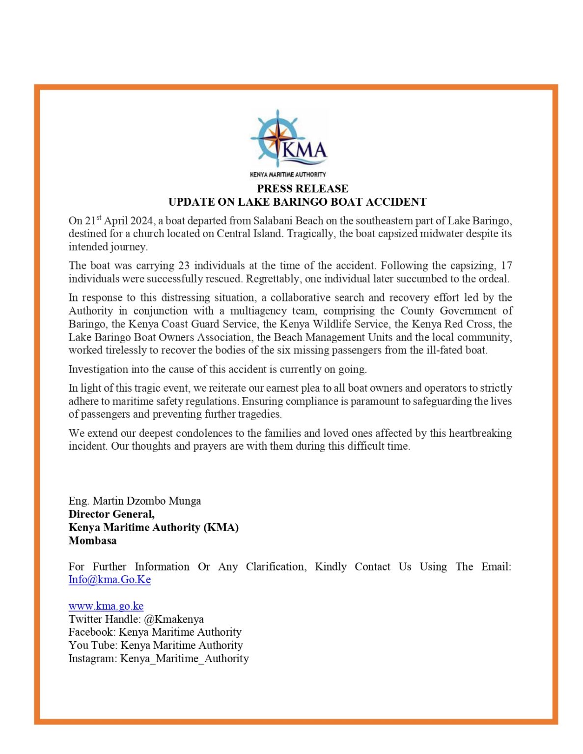 NEWS BRIEF ON BARINGO ACCIDENT – Kenya Maritime Authority (KMA)
